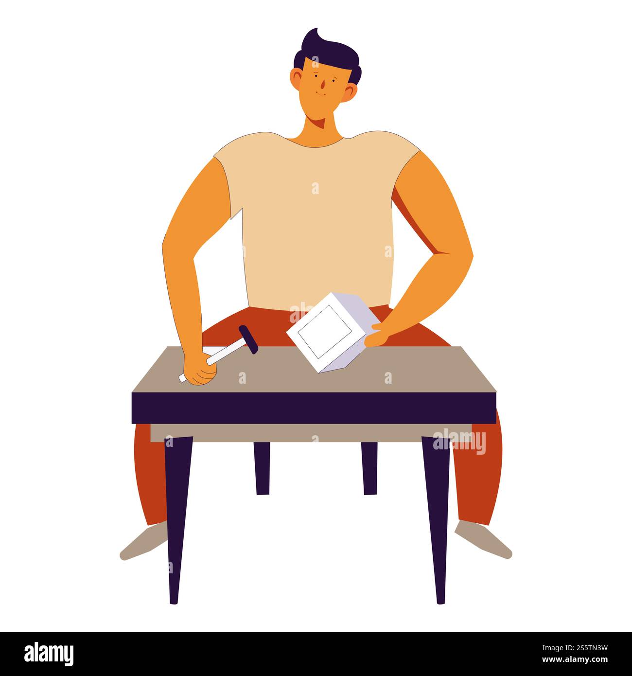 Home repairing man sitting by table working with tools vector handyman ...