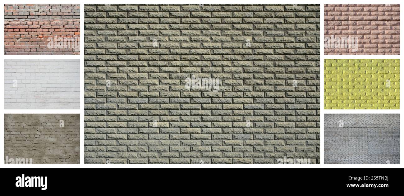 A collage of many pictures with fragments of brick walls of different ...