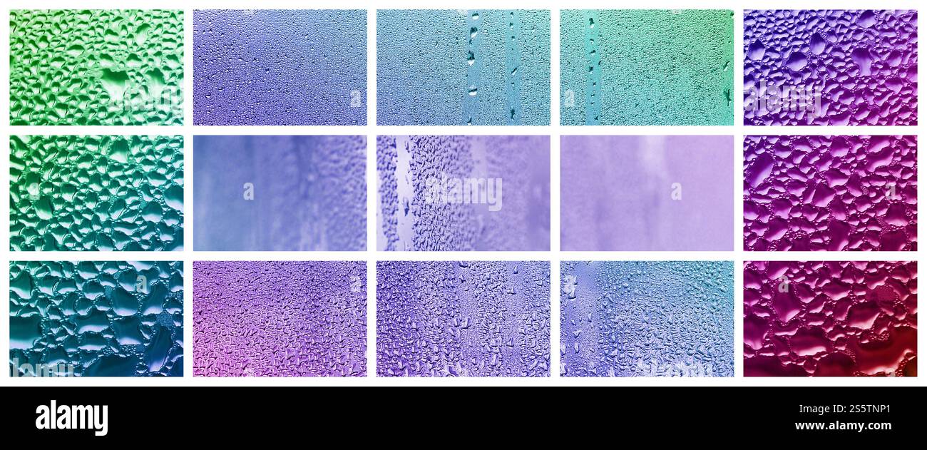 A collage of many different fragments of glass, decorated with rain ...