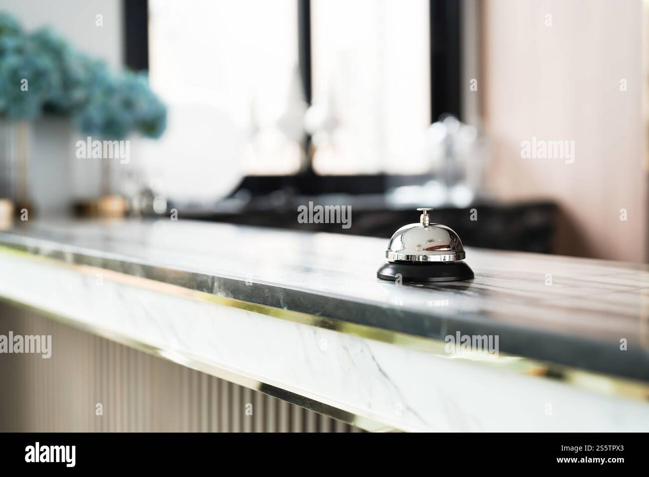 Hotel reception counter desk with service bell. front desk bell for ...