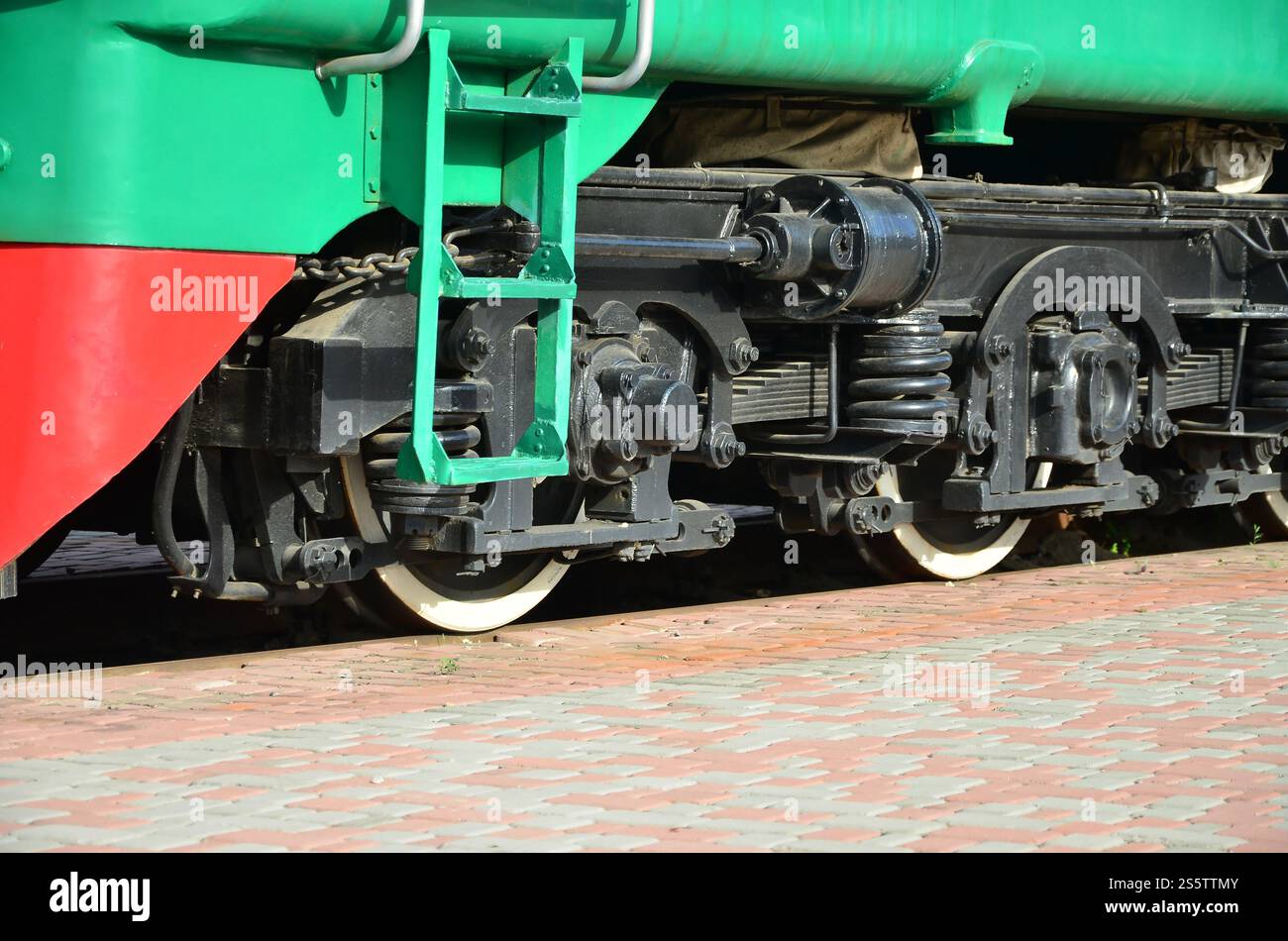 The wheels of a modern Russian electric train with shock absorbers and ...