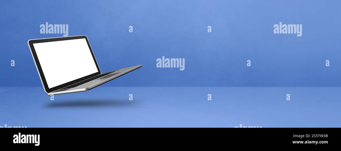 Blank computer laptop floating over a blue background. 3D isolated ...