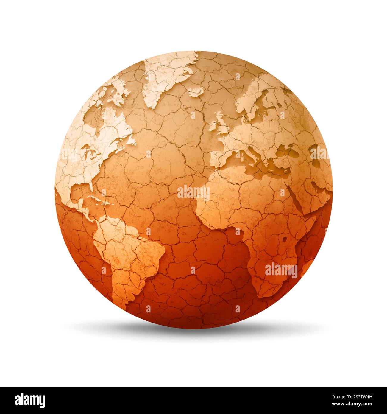 Dry and cracked world globe isolated on white background. Global warming symbol. 3D illustration ...