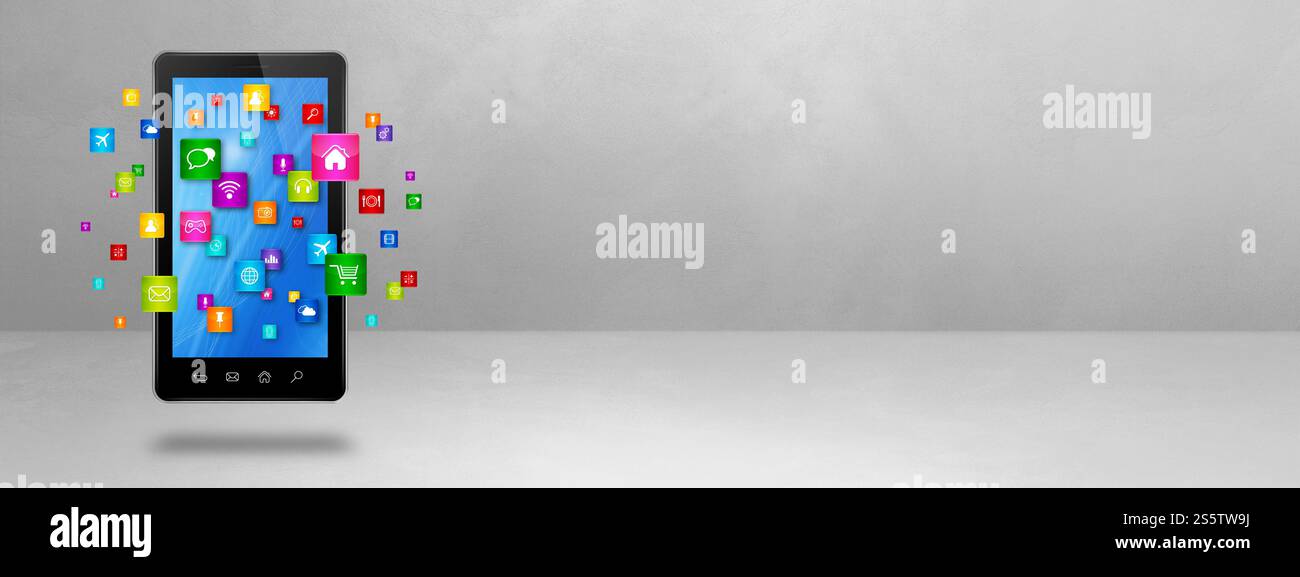 Flying icons around a smartphone. Cloud computing concept. 3D ...