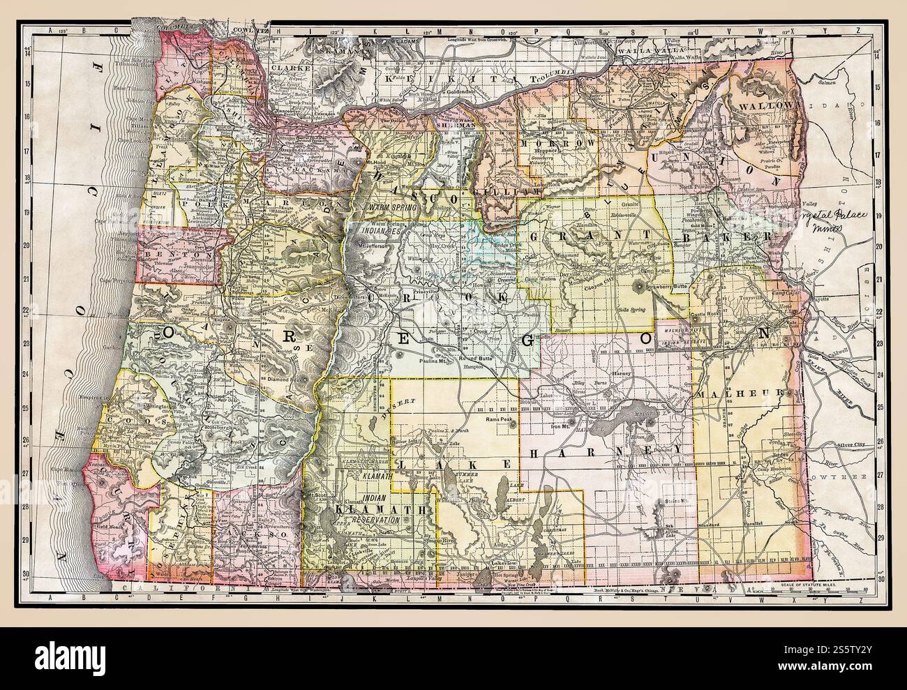 A vintage map depicts the state of Oregon, highlighting county ...