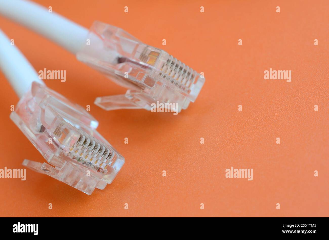 White cord with connector rj45 on a bright orange background. network ...
