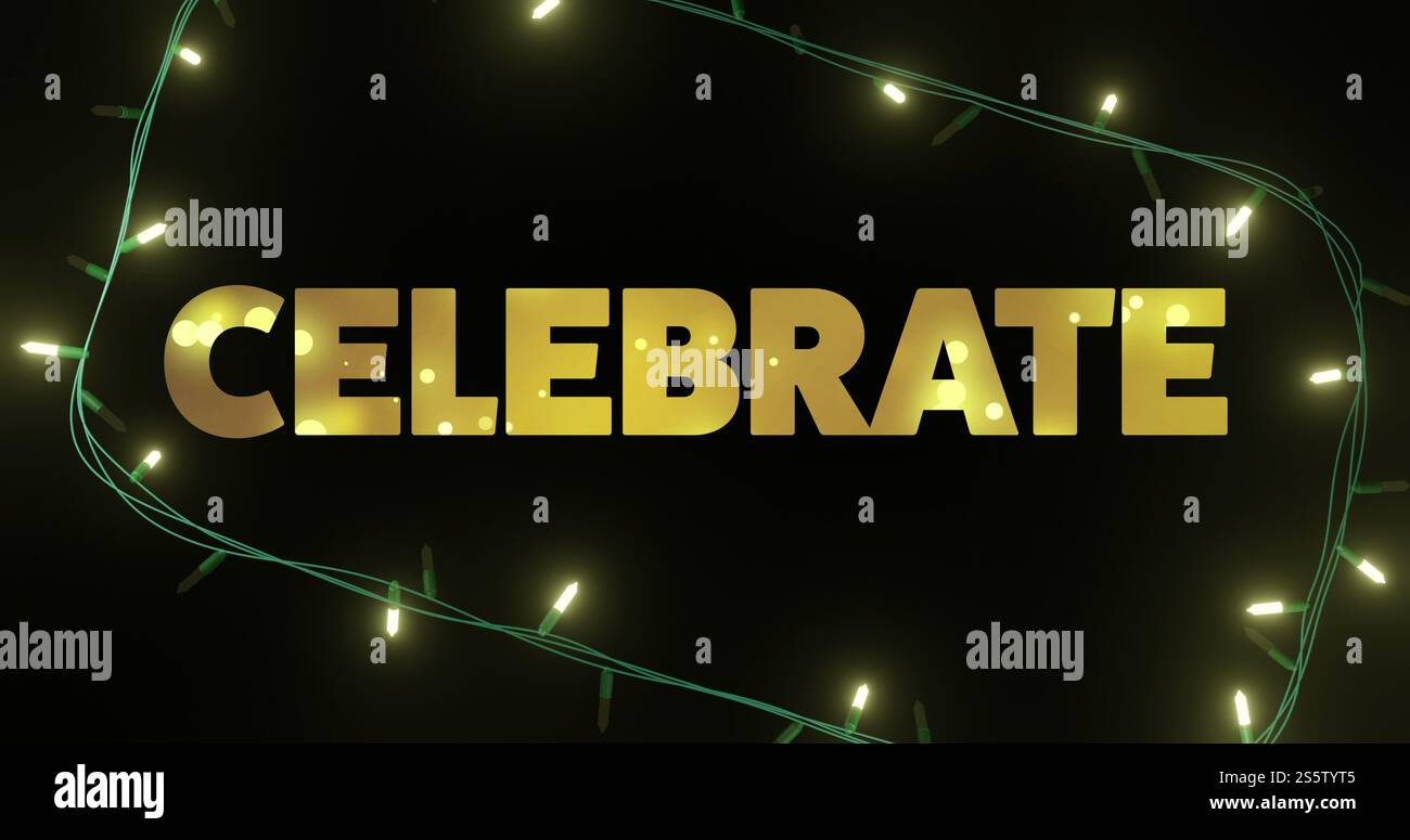 Image of celebrate text and fairy lights on black background Stock ...