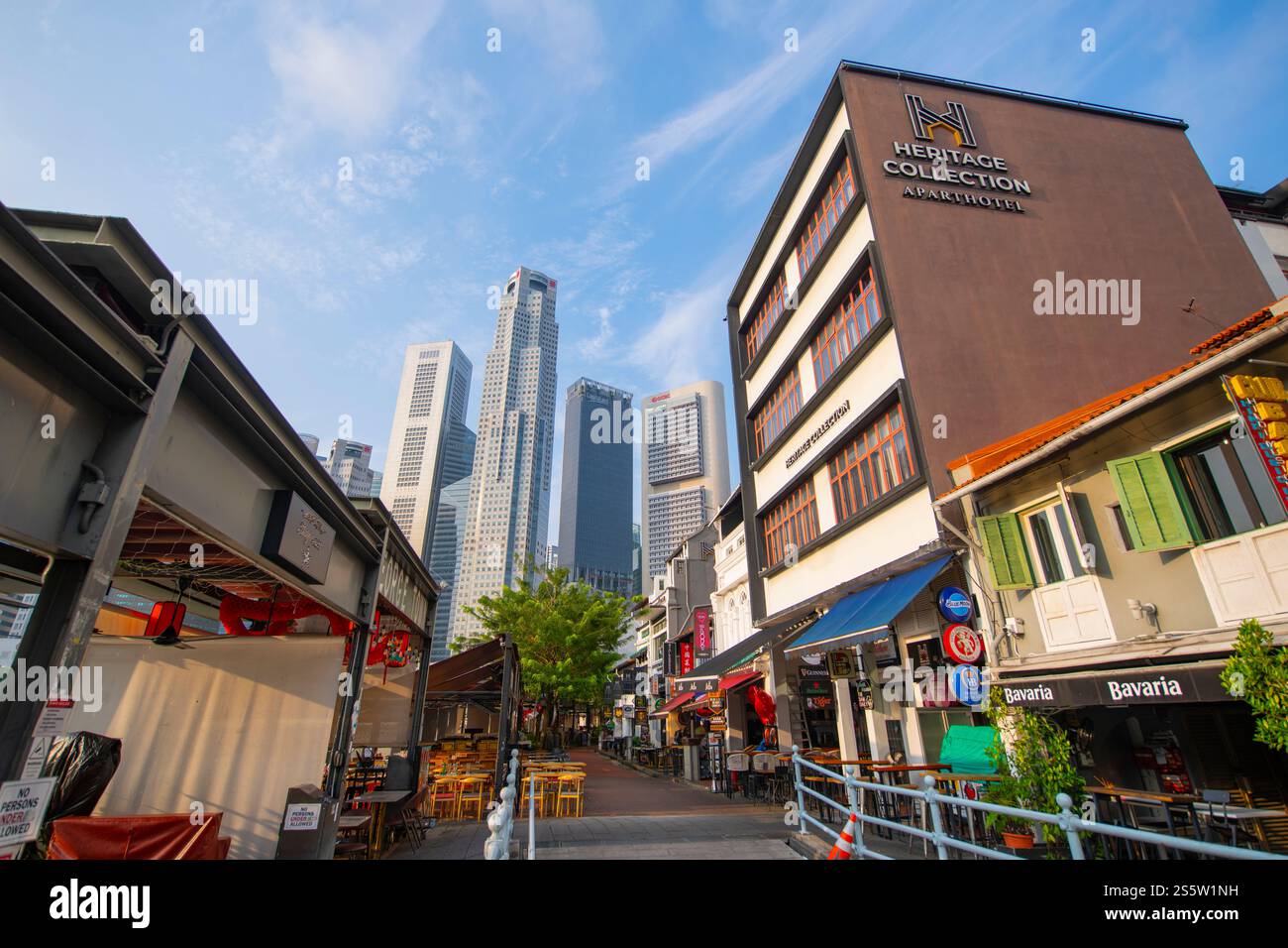 Historic restaurants and bars on Boat Quay at the Singapore River with ...