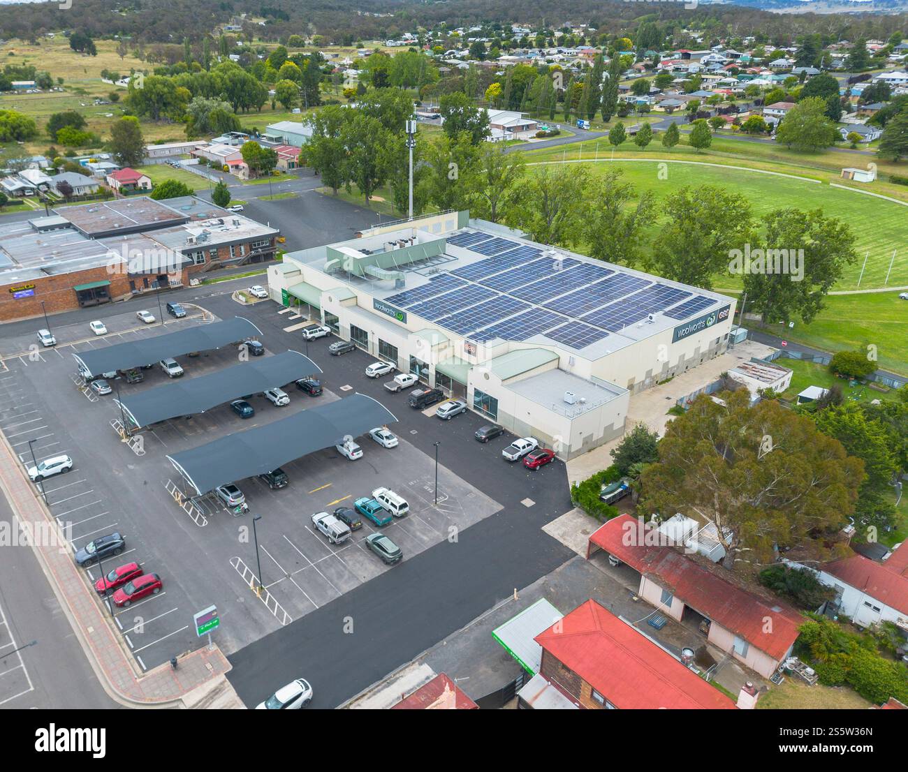 Aerial view of the Woolworths Supermarket in Glen Innes, northern New South Wales, Australia ...