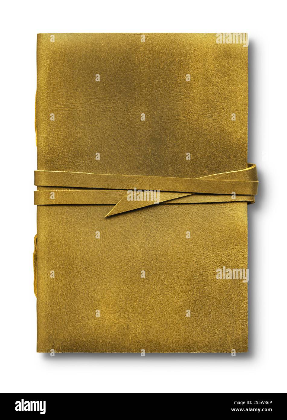 Old worn yellow leather notebook isolated on white background, closed ...