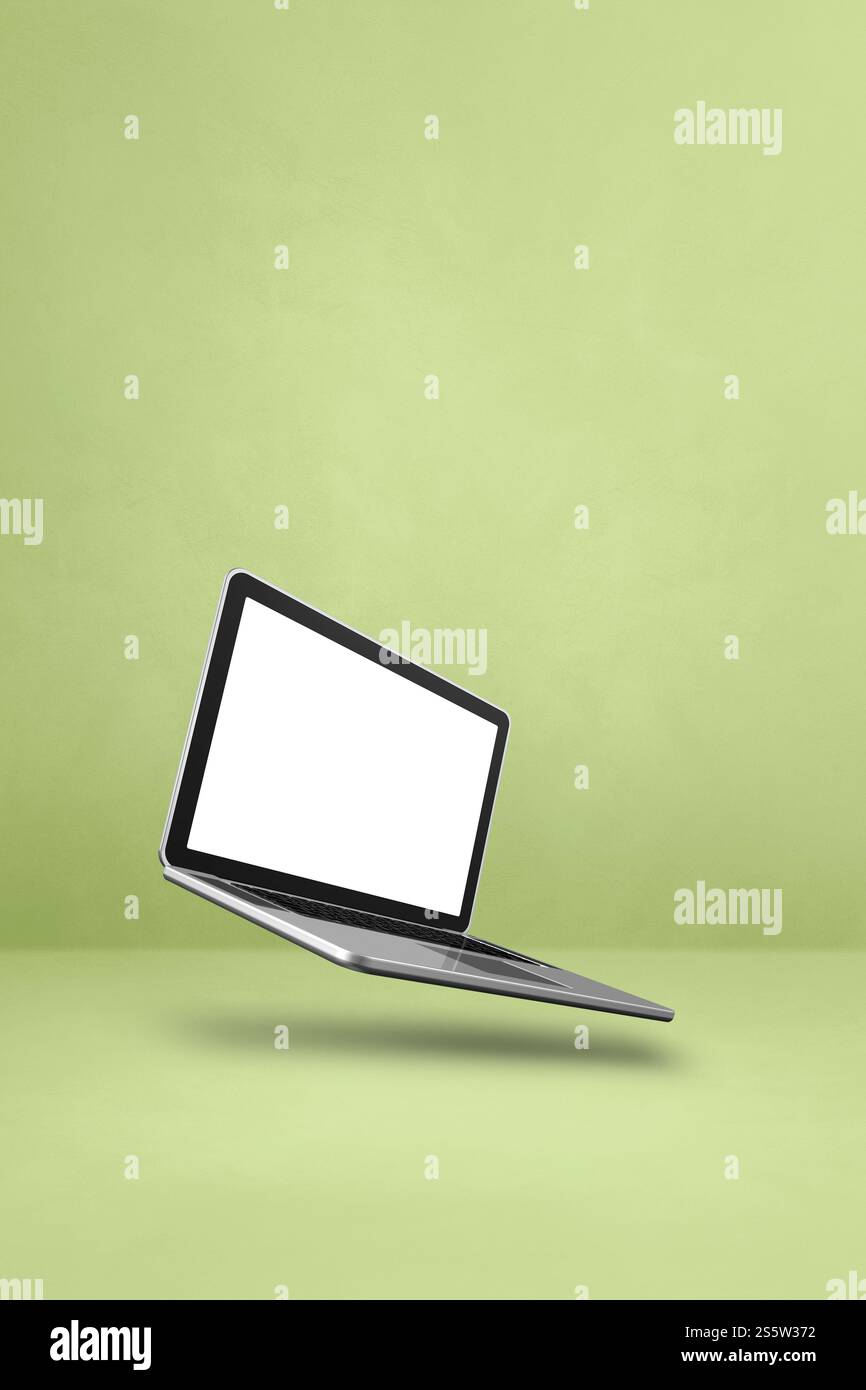 Blank computer laptop floating over a green background. 3D isolated ...