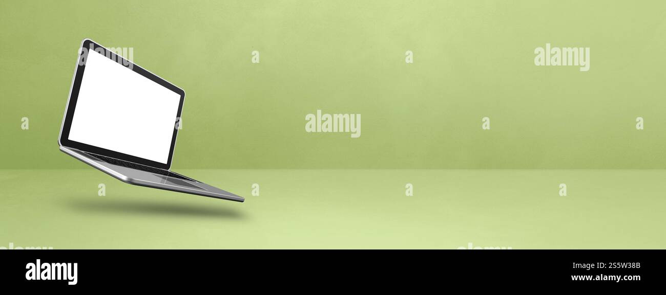 Blank computer laptop floating over a green background. 3D isolated ...