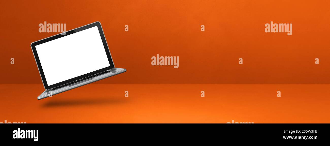 Blank computer laptop floating over an orange background. 3D isolated ...