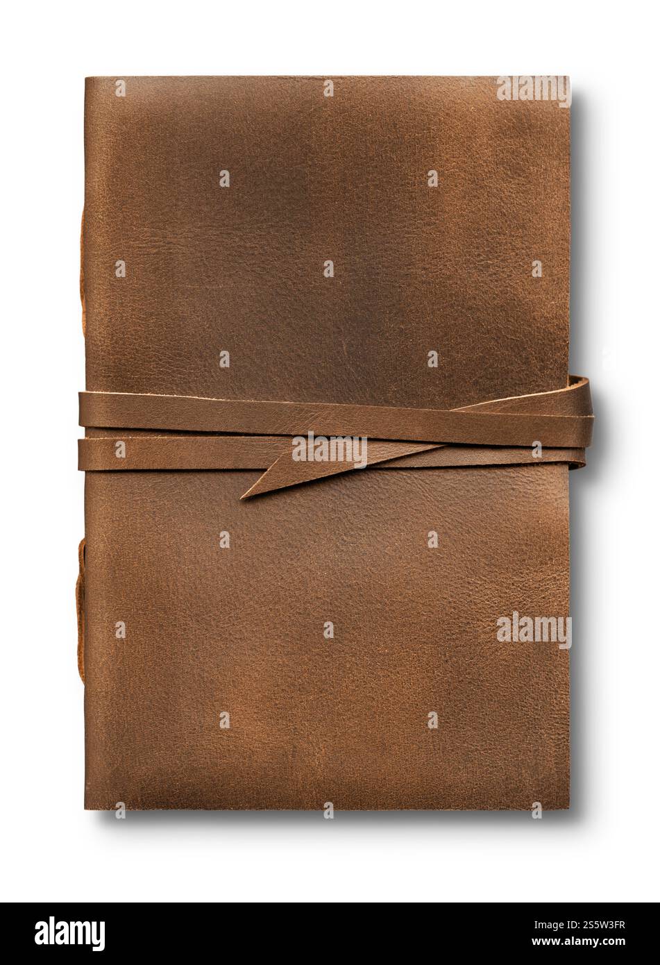 Old worn brown leather notebook isolated on white background, closed ...