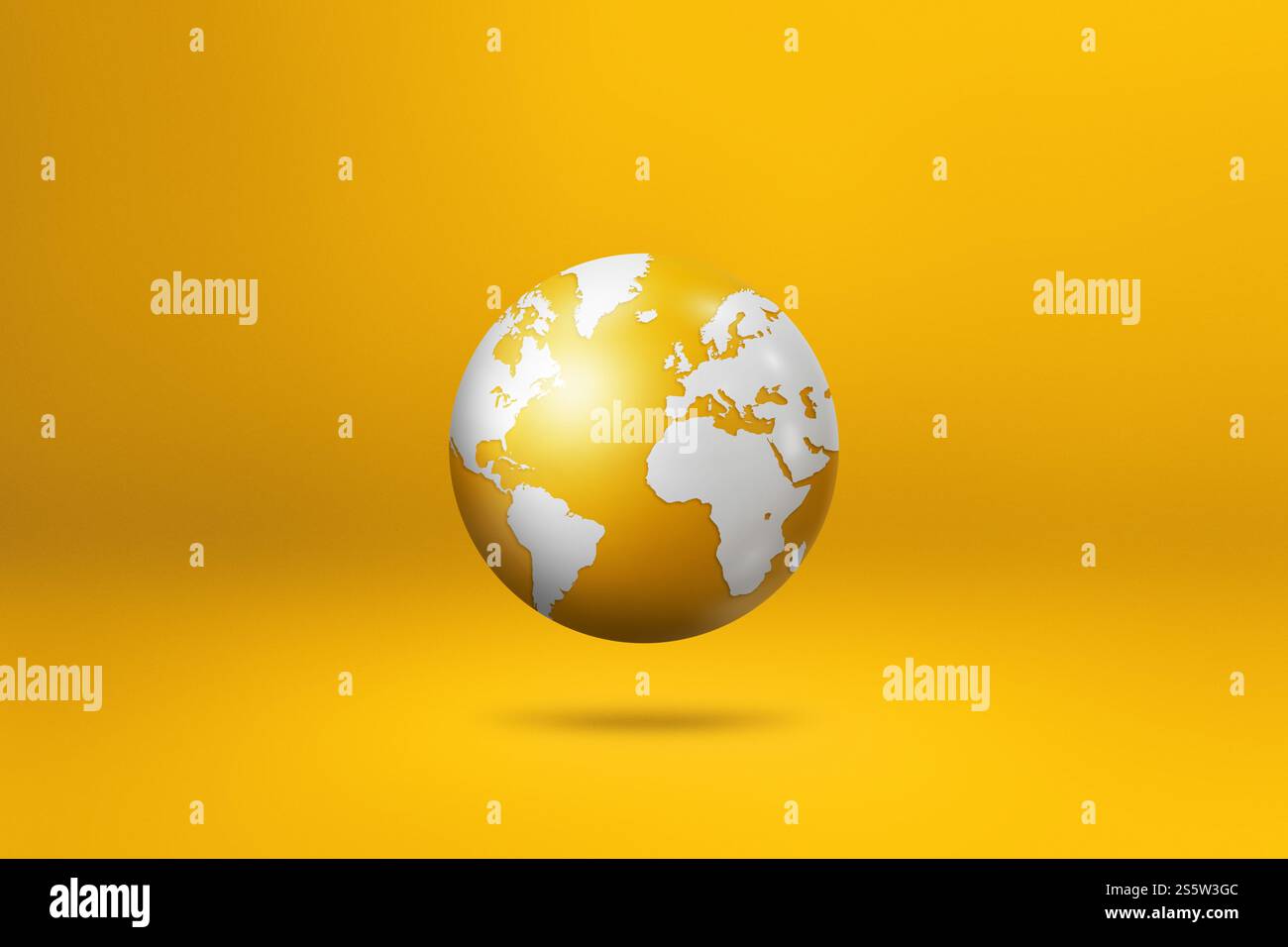 World globe, earth map, floating over a yellow background. 3D isolated ...