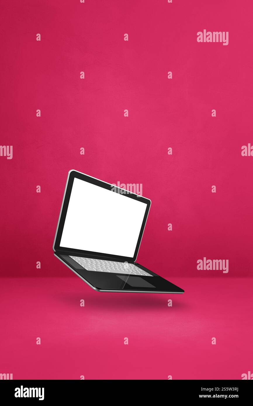 Blank computer laptop floating over a pink background. 3D isolated ...