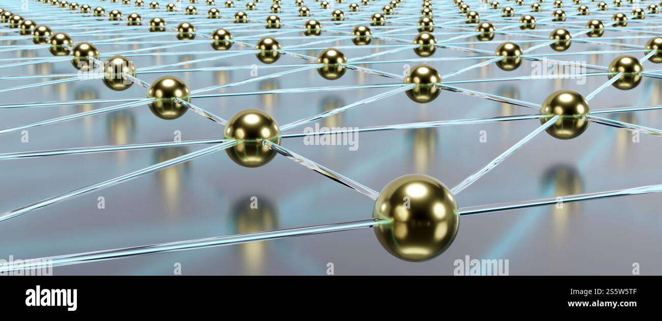 Illuminated network route through golden spheres, abstract banner of ...