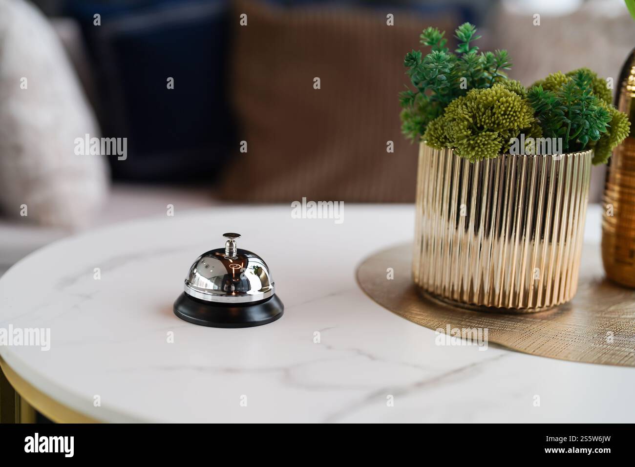 Hotel reception counter desk with service bell. front desk bell for ...