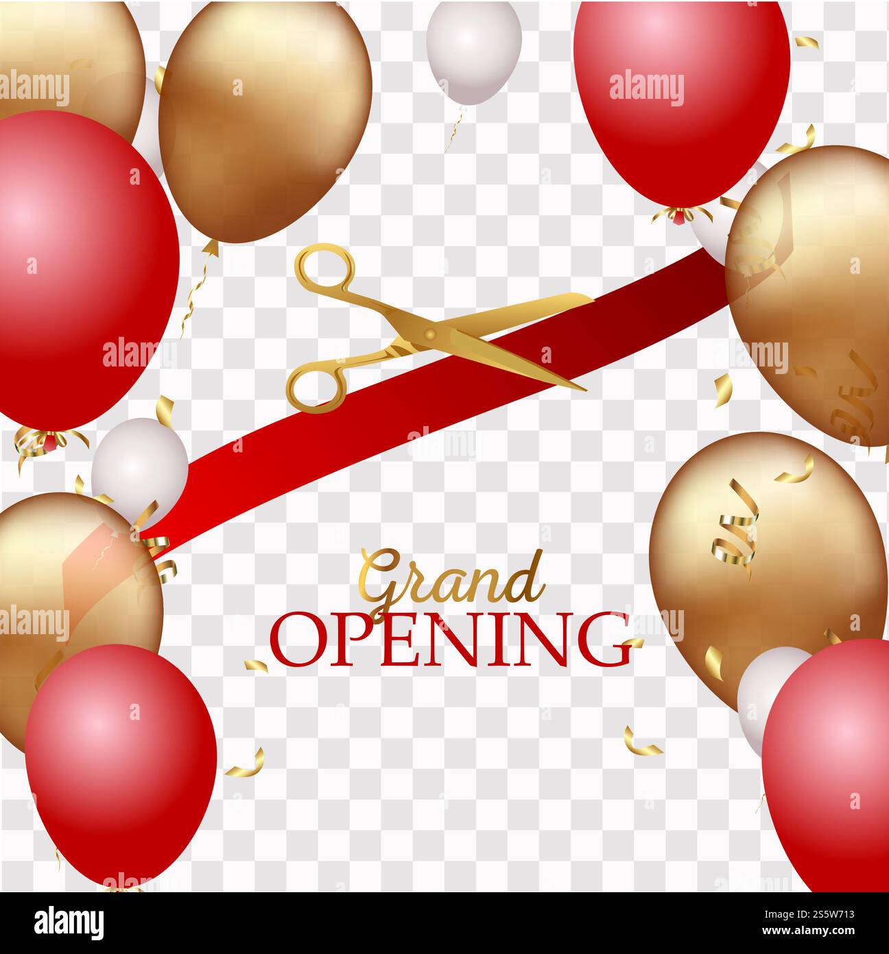 Grand opening design with ribbon, balloons and gold scissors, confetti ...