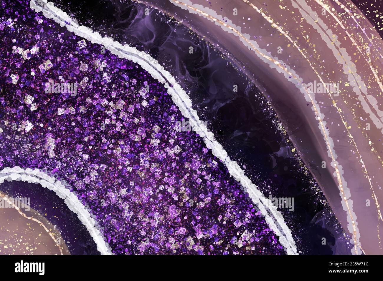Purple crystal geode background with glitter and gold cracks. Violet ...