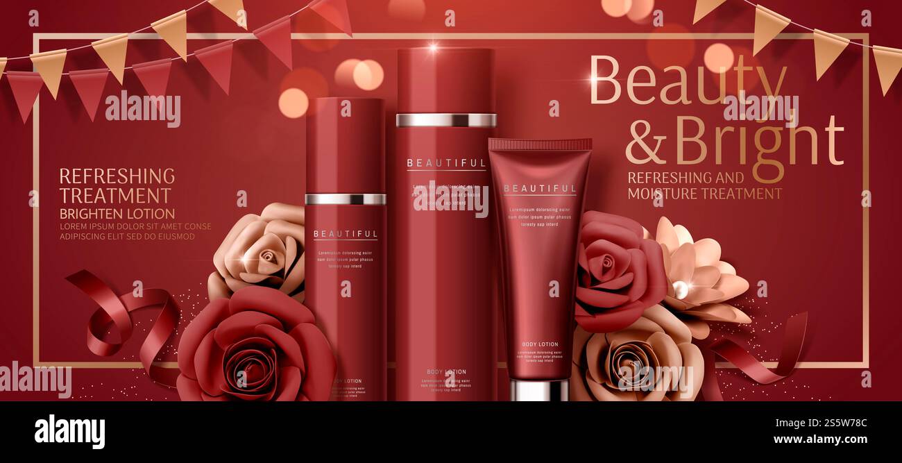 Attractive cosmetic banner ads with paper roses on red bokeh background ...