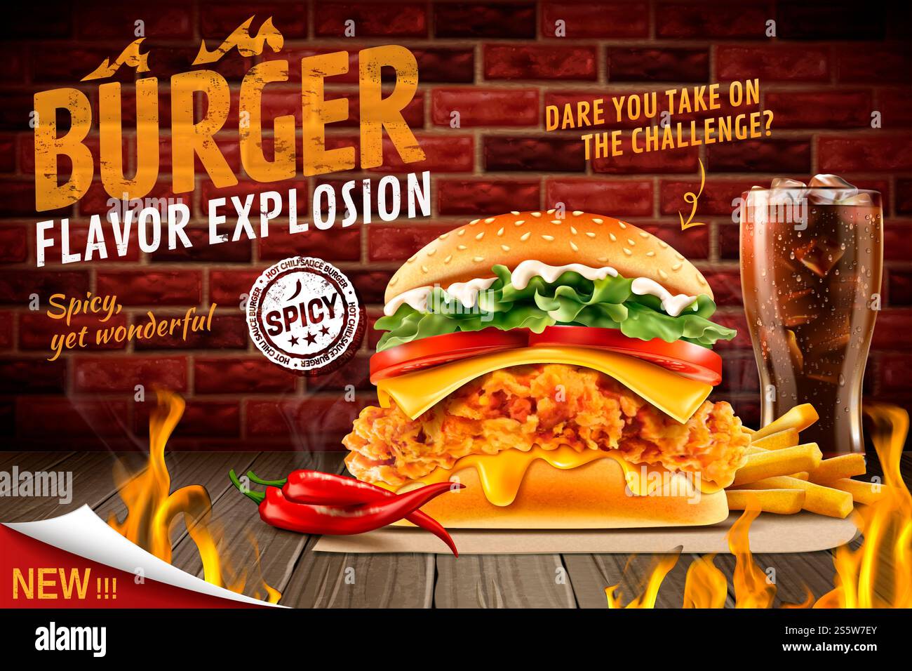 Delicious spicy fried chicken burger ads with burning fire and set menu ...