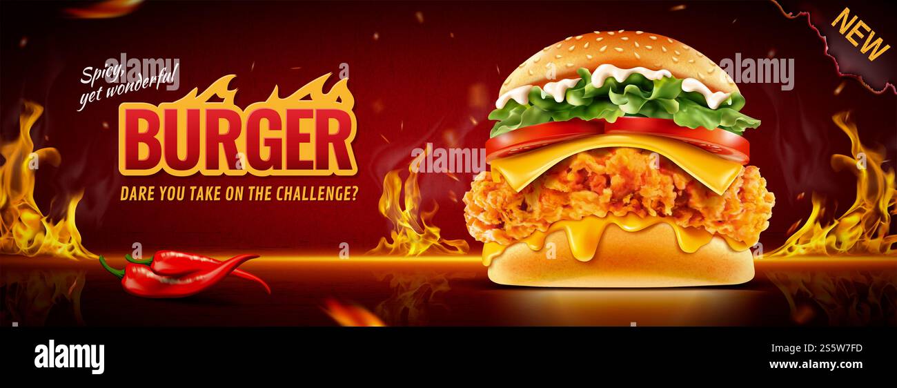 Hot fried chicken burger banner ads with burning fire effect in 3d ...