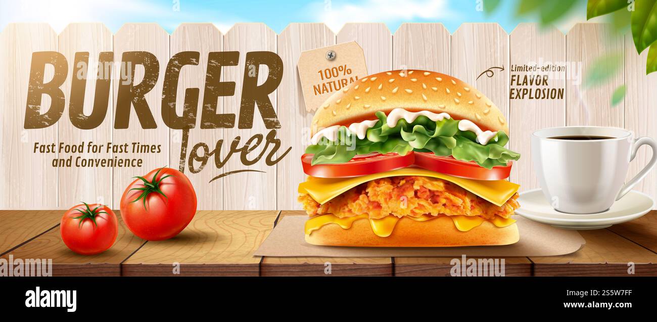 Fried chicken burger banner ads on wooden table and white fence in 3d ...