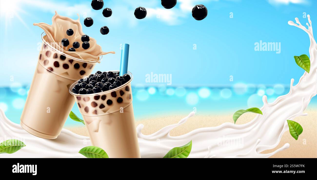 Bubble milk tea ads with delicious tapioca and splashing milk on bokeh ...