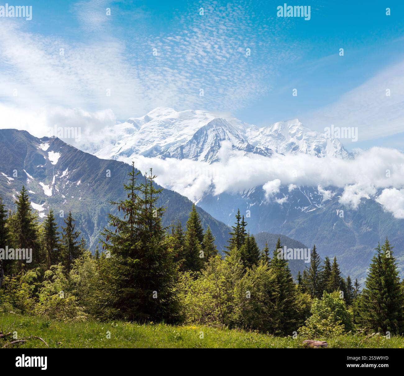 Mont Blanc mountain massif (Chamonix valley, France, view from Plaine ...