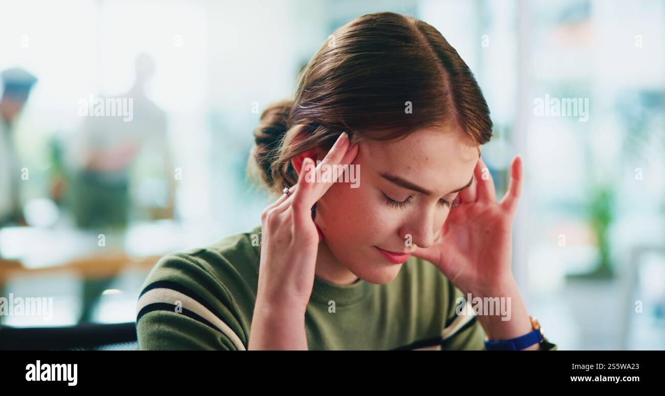 Tired, woman and headache with stress in office of project mistake ...