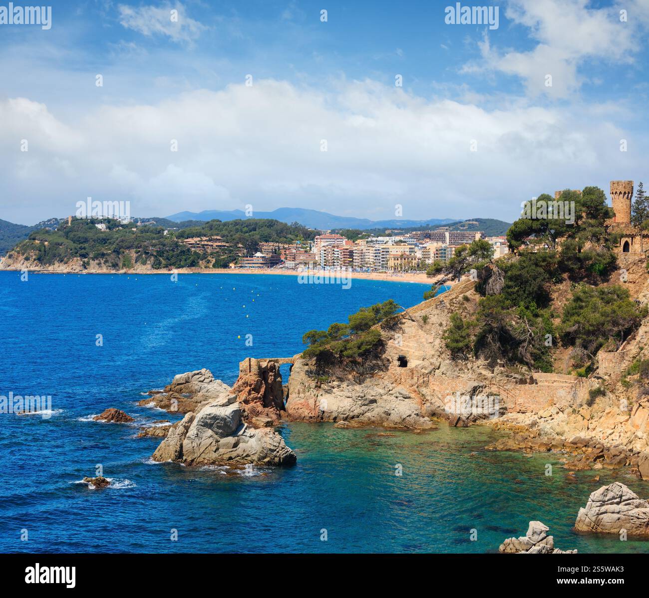 Summer sea rocky coast view with Castle of Sant Joan (Sa Caleta beach ...