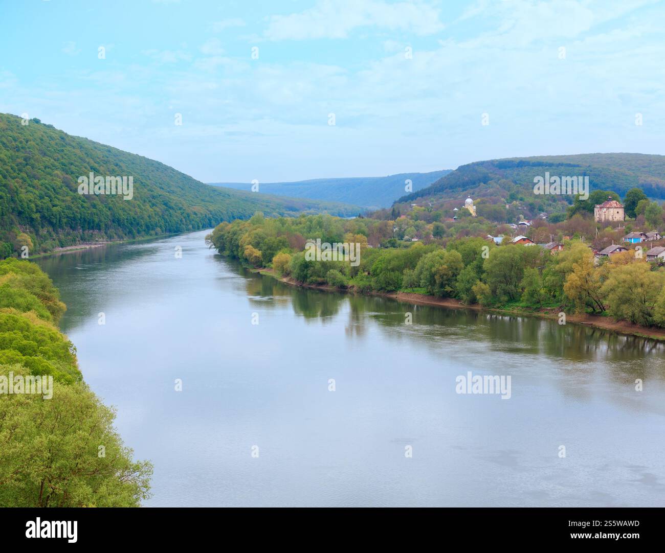 Top picturesque view of the Dnister river and village. Spring, Ustechko ...