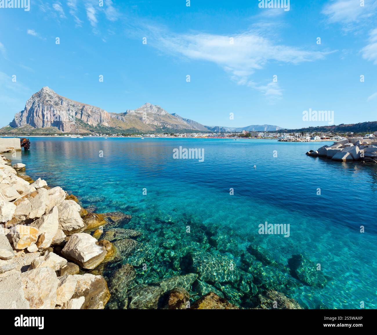San Vito lo Capo beach with clear azure water and Monte Monaco in far ...