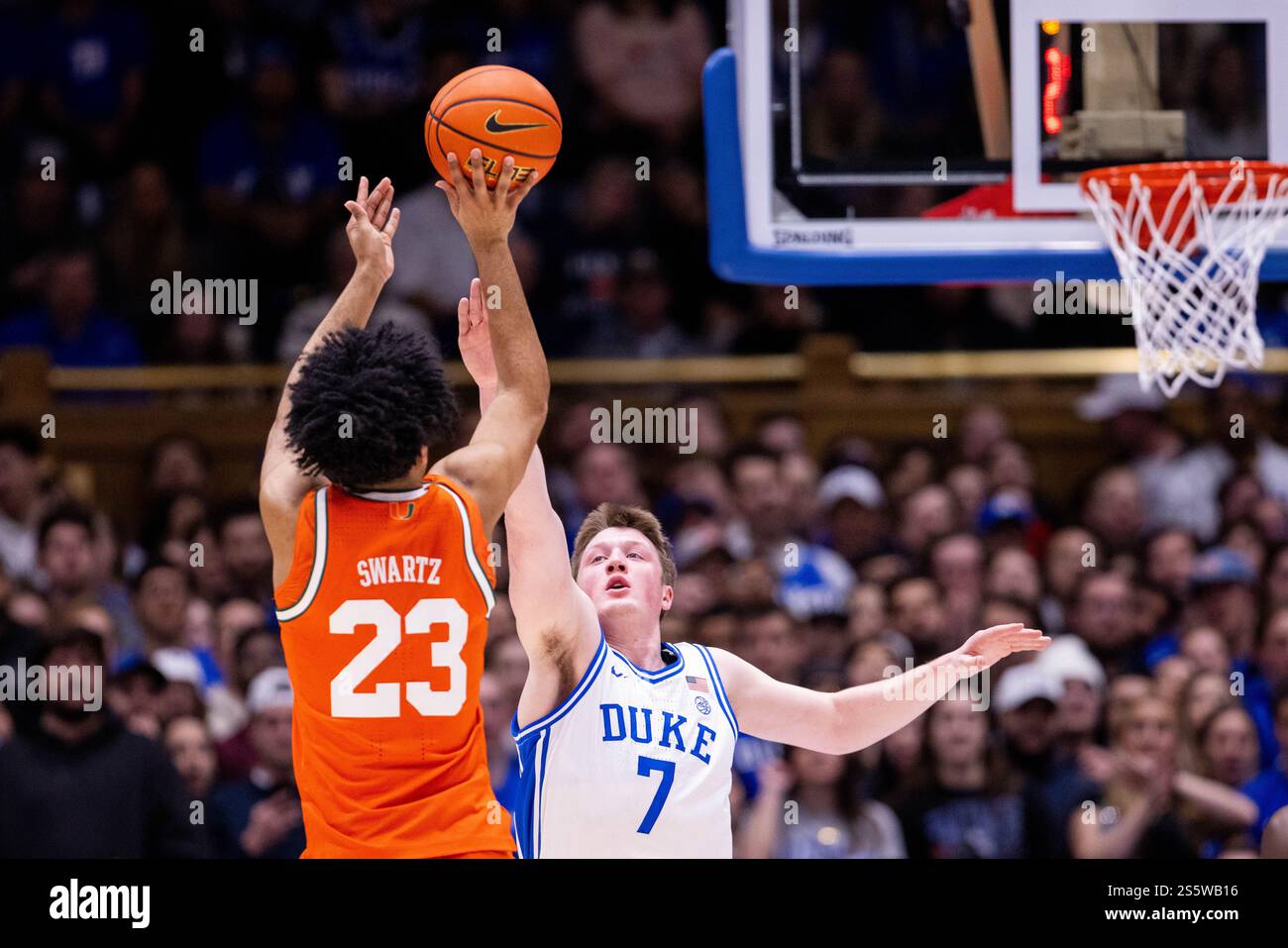 Durham, NC, USA. 14th Jan, 2025. Miami (Fl) guard Austin Swartz (23 ...