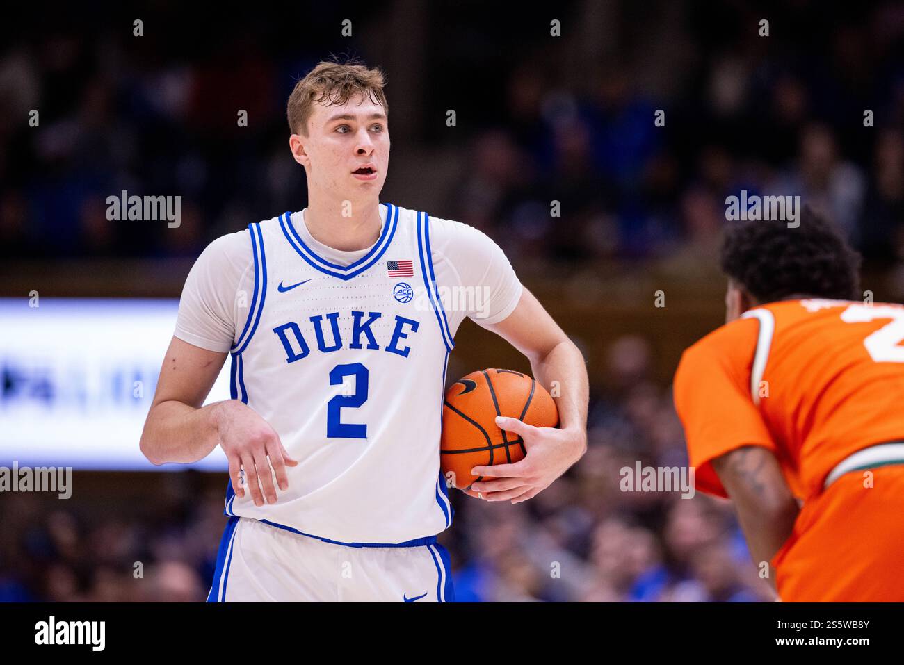 Durham, NC, USA. 14th Jan, 2025. Duke Blue guard Cooper Flagg (2) holds ...