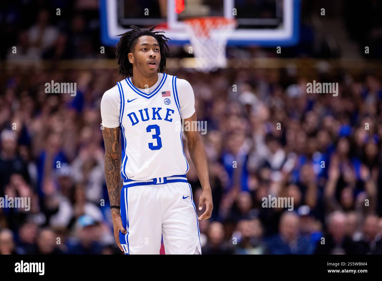 Durham, NC, USA. 14th Jan, 2025. Duke Blue guard Isaiah Evans (3 ...