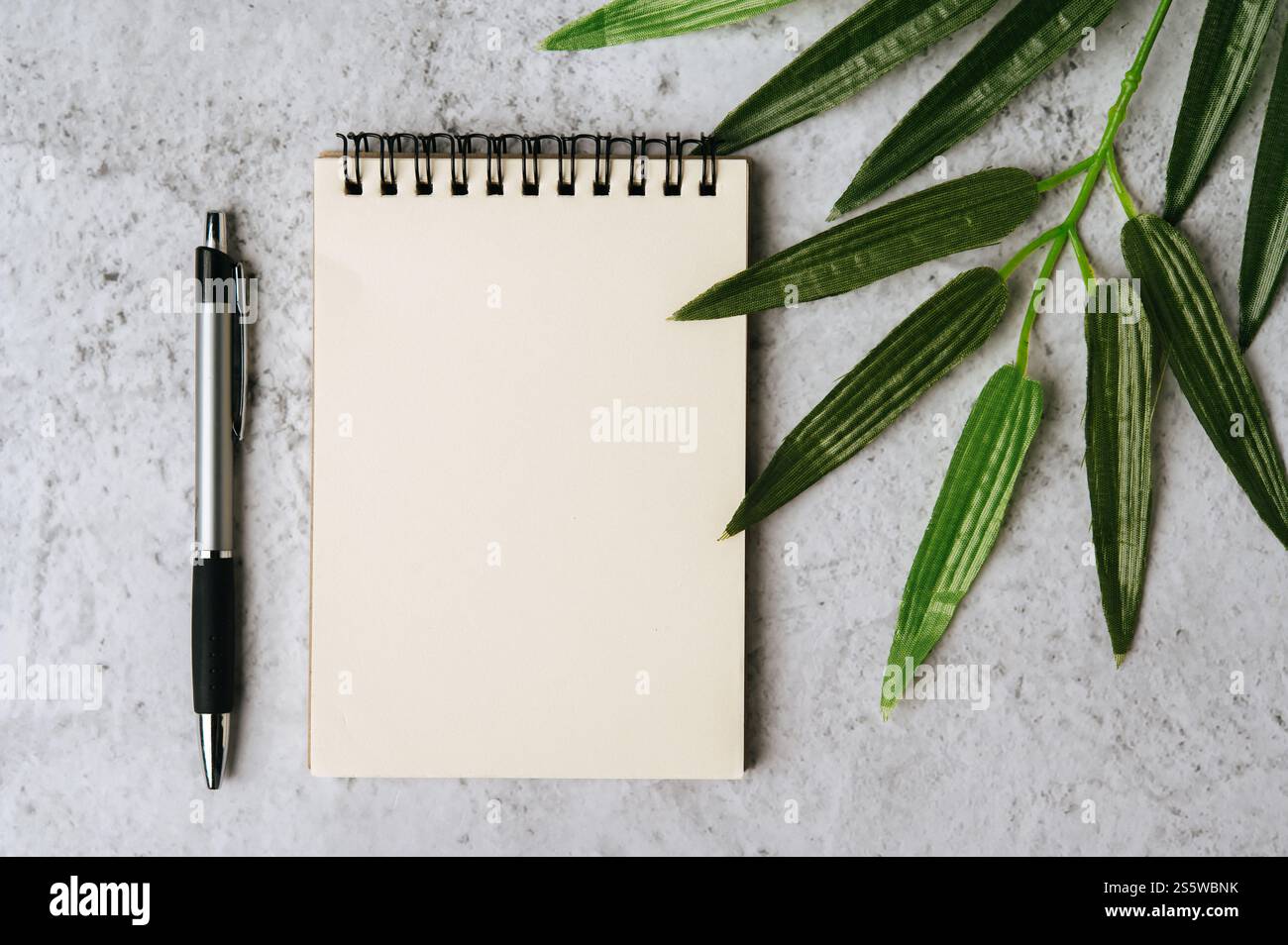 notebook, pen and leaf is placed on white background Stock Photo - Alamy
