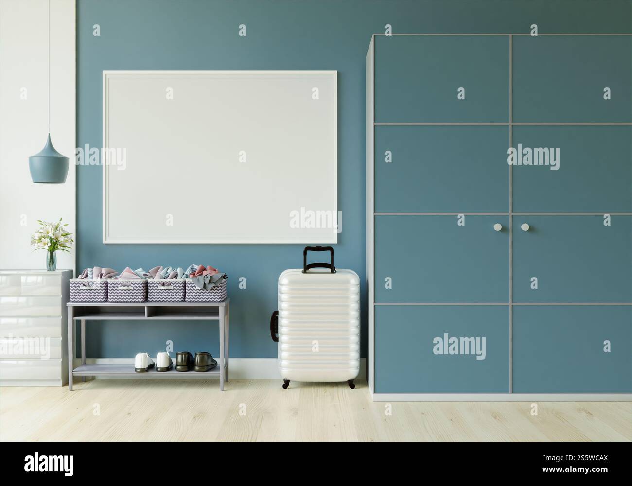 Storage room with cabinets, storage shelves, luggage and attached ...