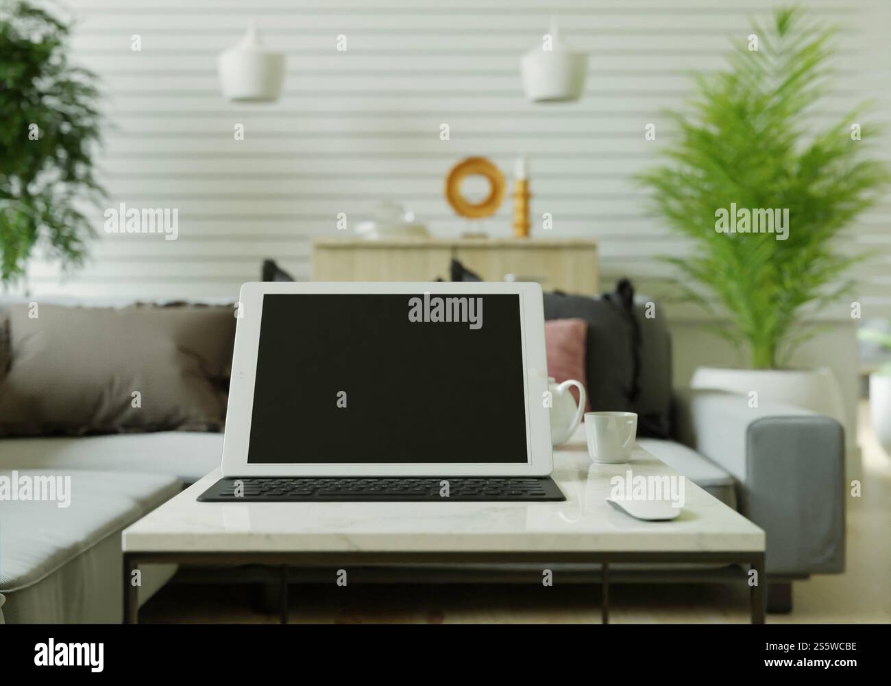 Office room with laptop on the table, 3D style Stock Photo - Alamy