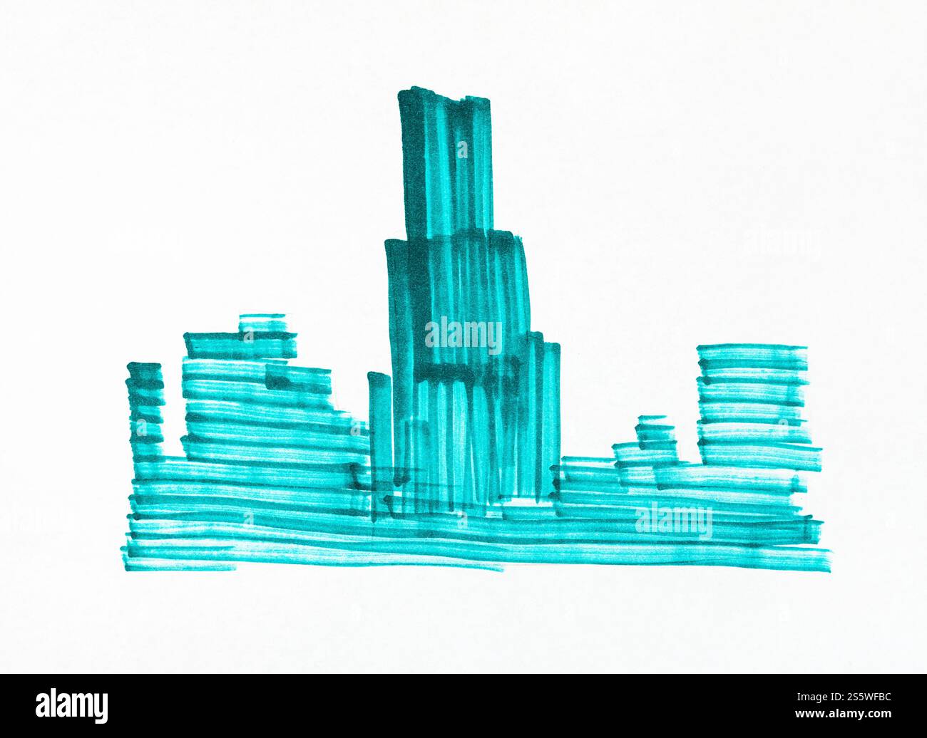training hand drawn sketch of skyscraper on white paper by wide green ...