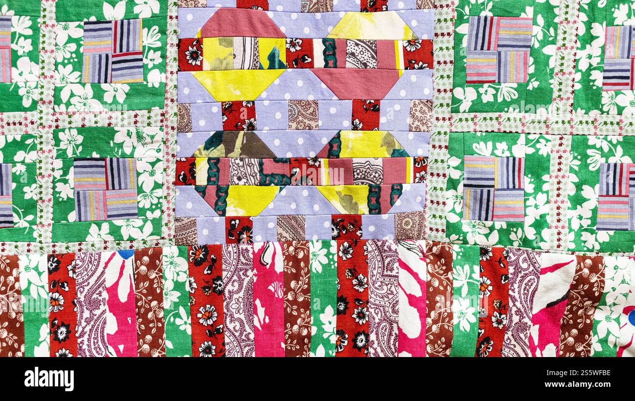 panoramic textile background - detail of handmade motley patchwork ...