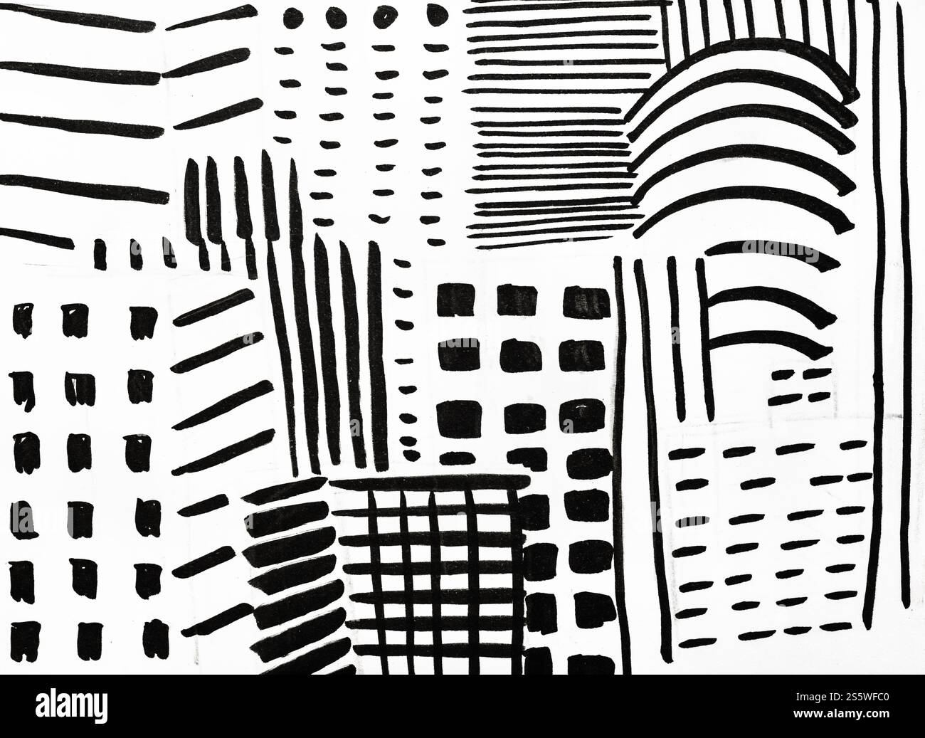 hand drawn abstract modern apartment buildings on white paper by black ...
