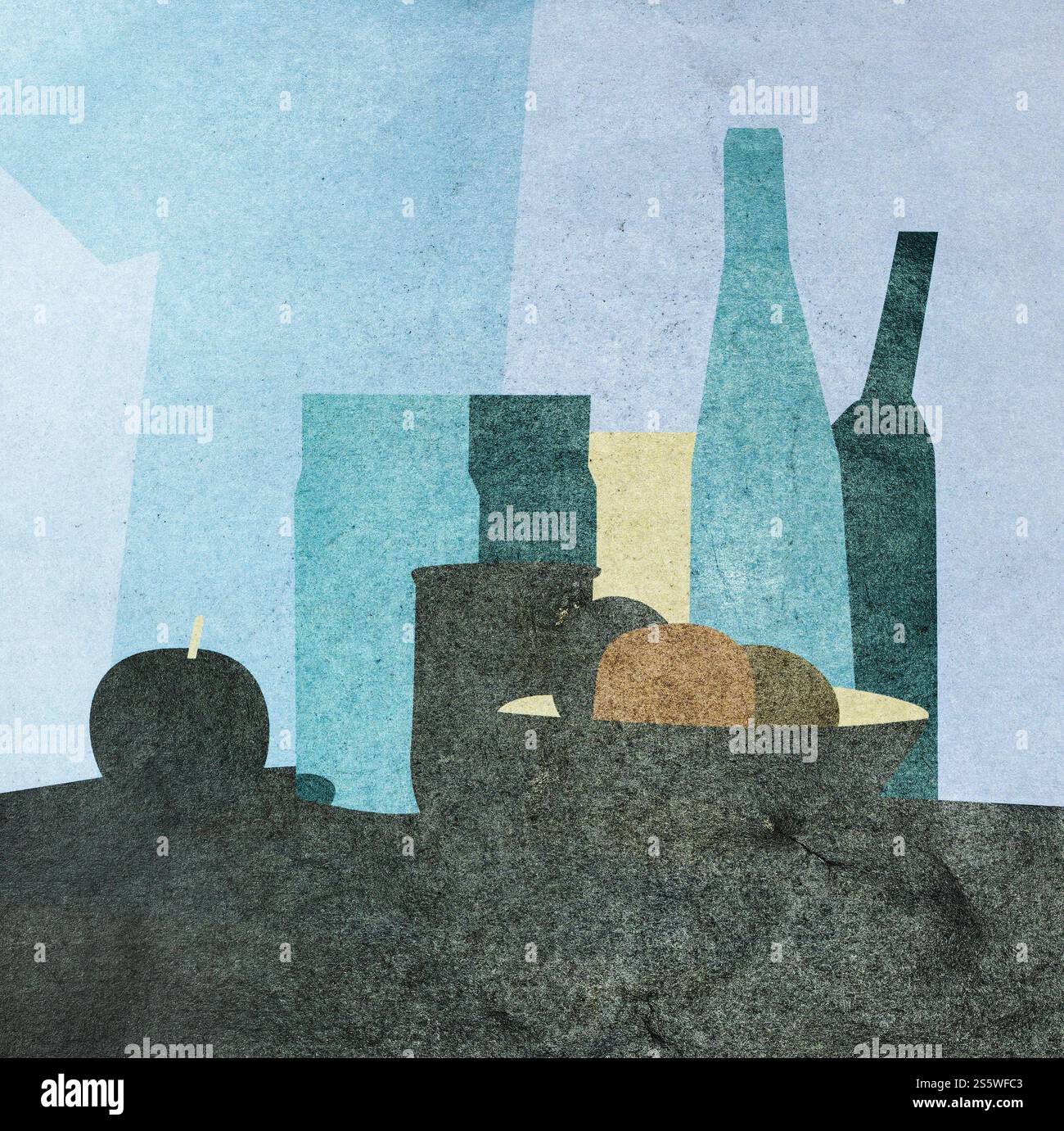 stylized flat collage still life with bottles and fruit bowl printed on ...