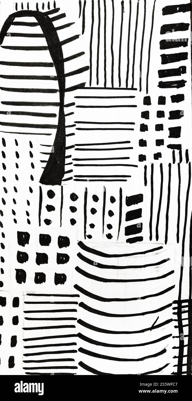 hand drawn abstract modern city district on white paper by black ink ...