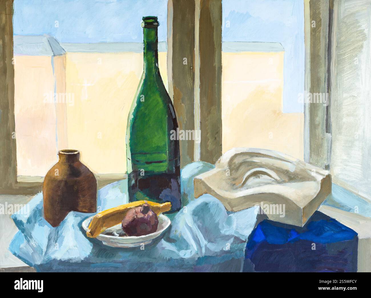 hand-painted still life with bottles and eye cast on window sill ...