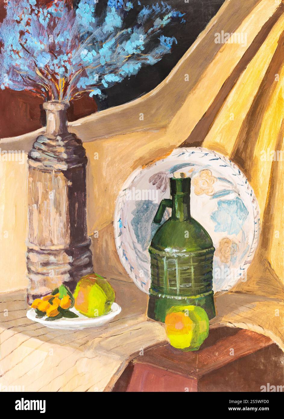 Hand painted still life with decorative bottles hi-res stock ...