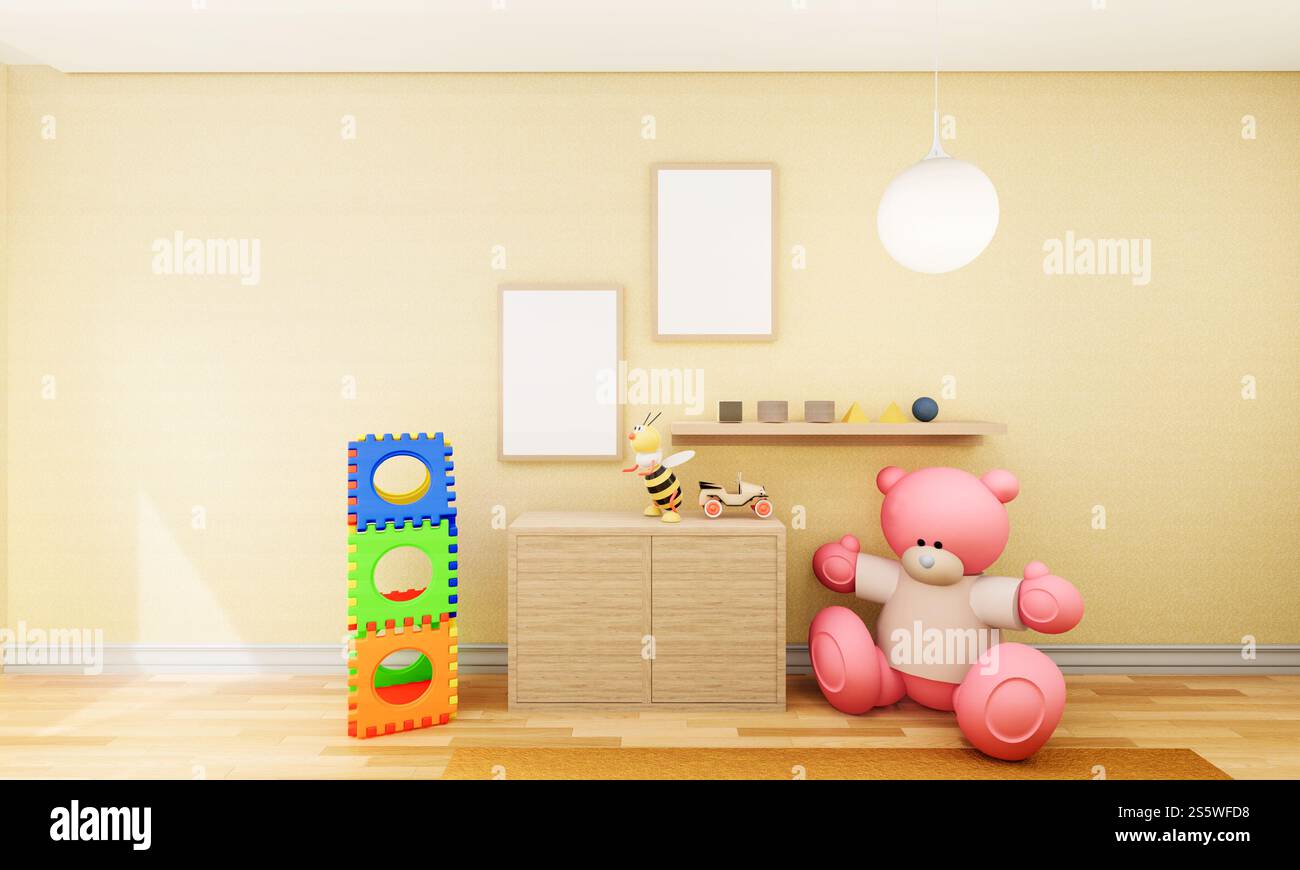 Playroom with teddy bears Storage tables and picture frames., 3D style ...