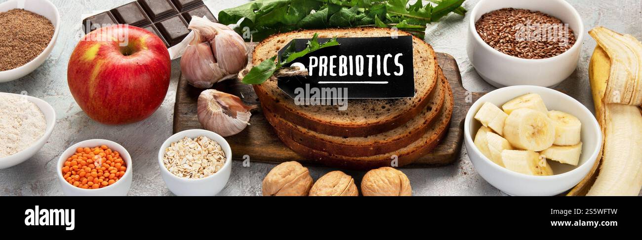 Best sources of prebiotic on light background. Healthy gud. panorama ...