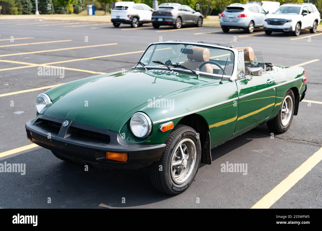 Chicago, Illinois, USA - September 08, 2024: MG MGB sportscar retro convertible vehicle, front ...